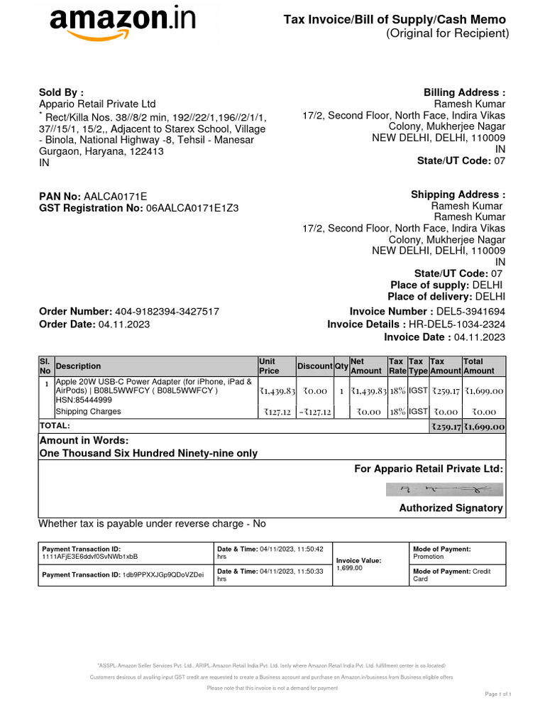 Apple 20w Adaptor (Amazon) Invoice | Download Free PDF | Invoice | Payments