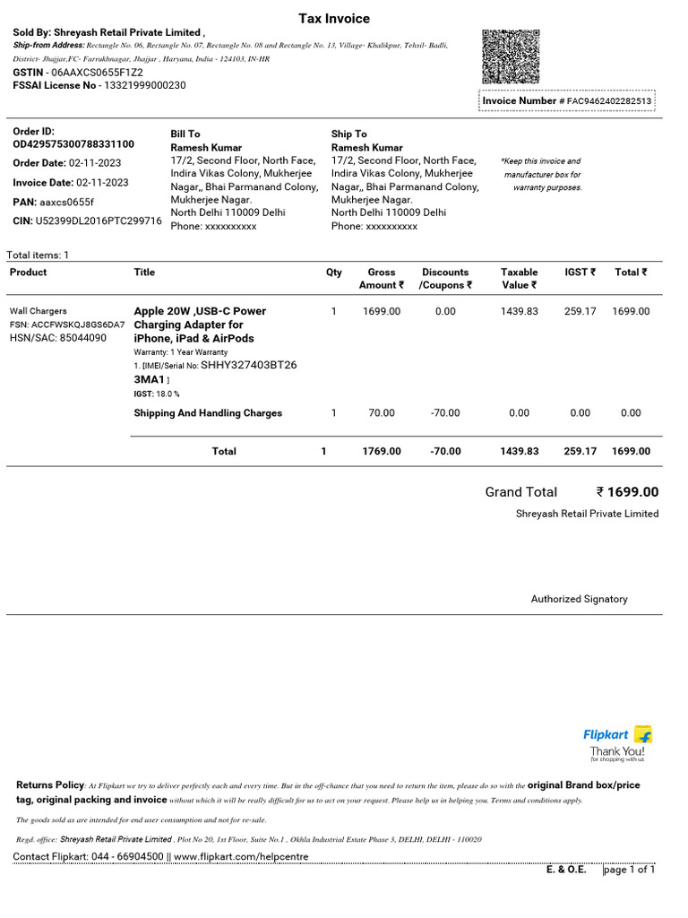 Flipkart Apple 20W Adaptor Invoice | PDF | Ios | Apple Inc. Hardware