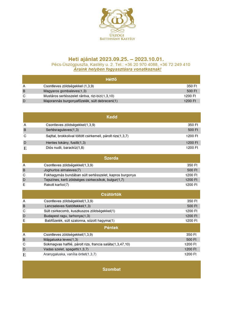 Uszogi Batthyany Kastely Heti Menu | PDF