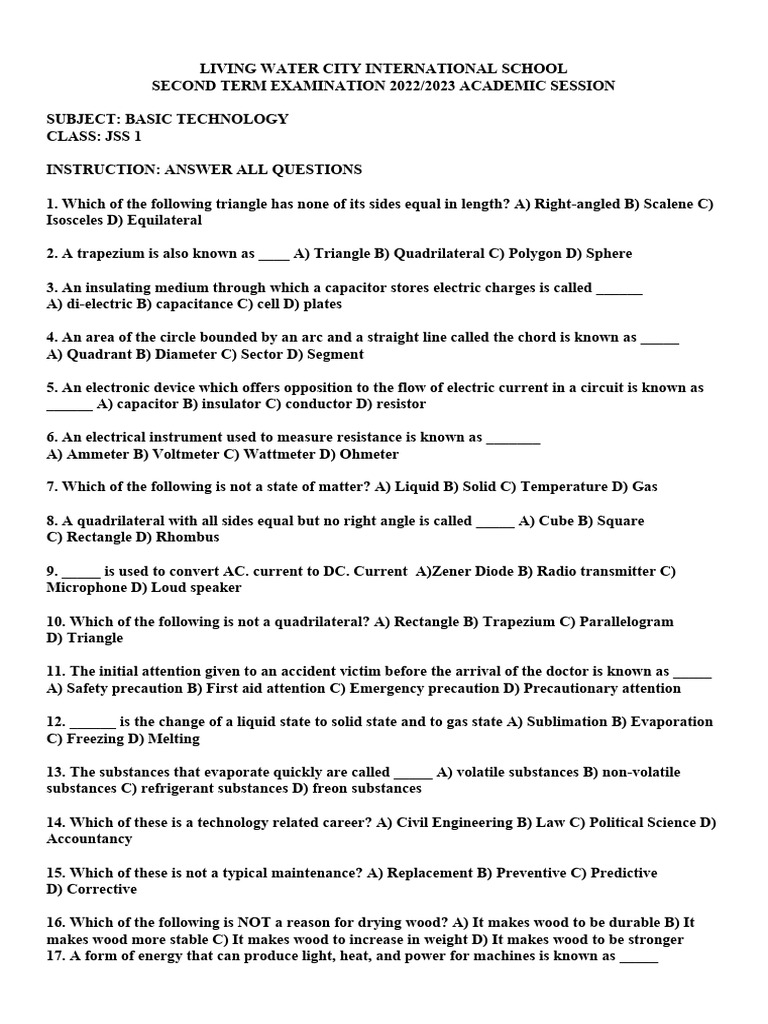 LWCIS Jss1 Basc Tech 2nd Term Test | PDF | Rectangle | Capacitor