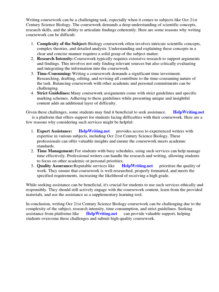 Ocr 21st Century Science Biology Coursework Mark Scheme | PDF | Gce Advanced Level (United Kingdom)