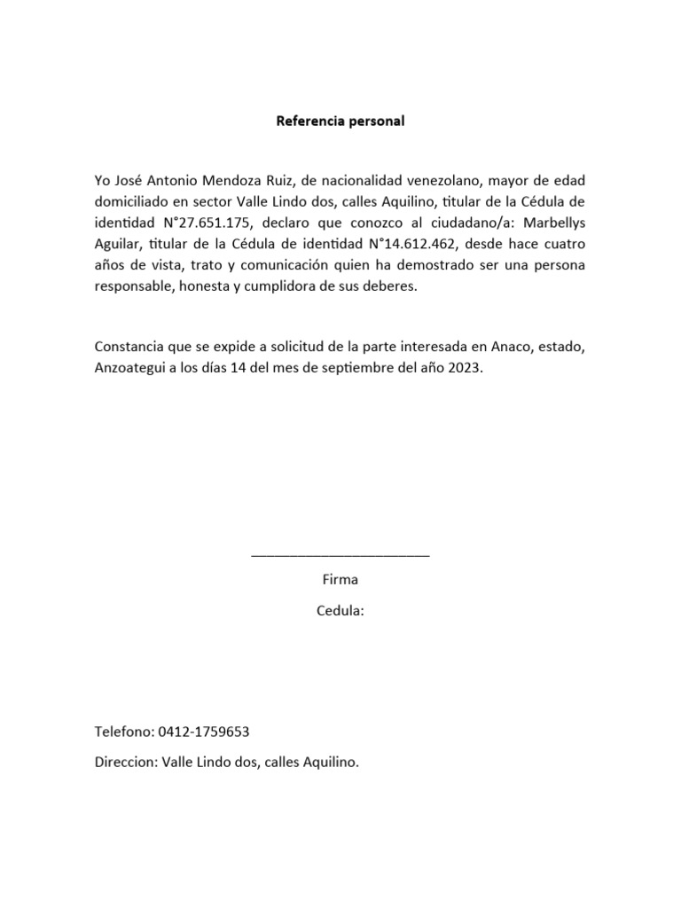 Referencia personal de Marbellys Aguilar | PDF