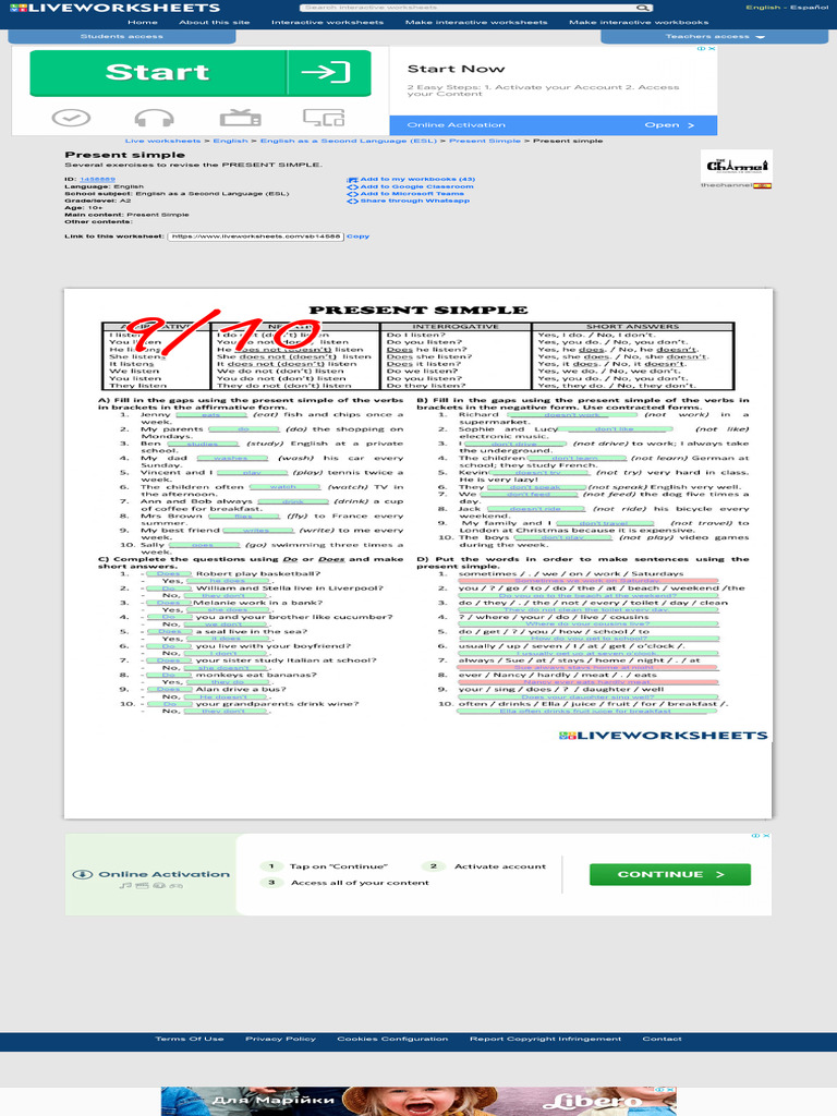 Present Simple Online Exercise For A2 | PDF | English As A Second Or ...
