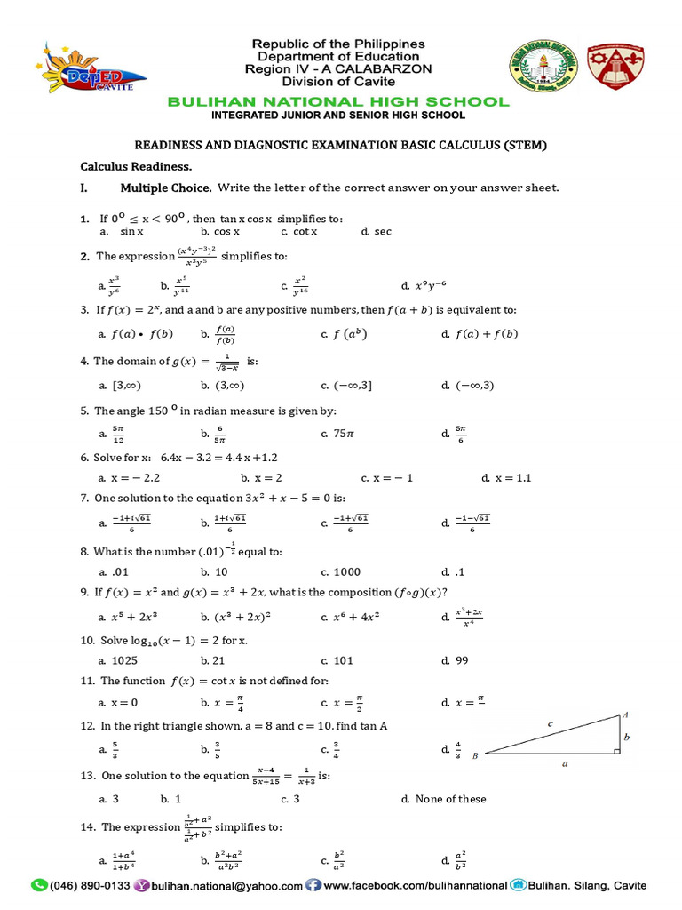 Basic Calc Diagnostic | PDF