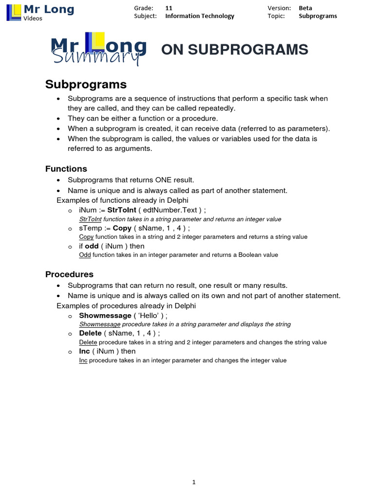 Subprograms MR Long Summary | PDF | Parameter (Computer Programming ...