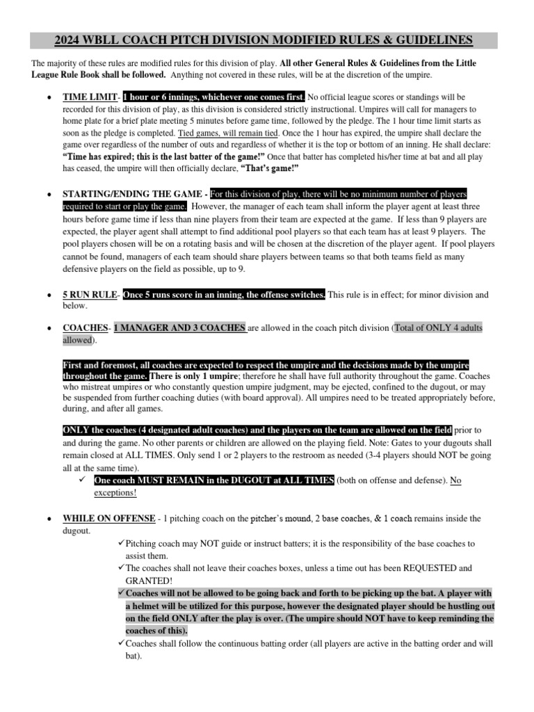 2024 WBLL Coach Pitch Division - Modified Rules | PDF | Baseball Field ...