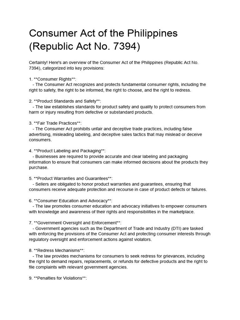 Overview of the Consumer Act in the Philippines | PDF | Consumer ...