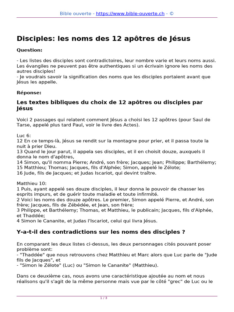 Noms et significations des 12 apôtres | PDF | Jean (apôtre) | Évangile ...