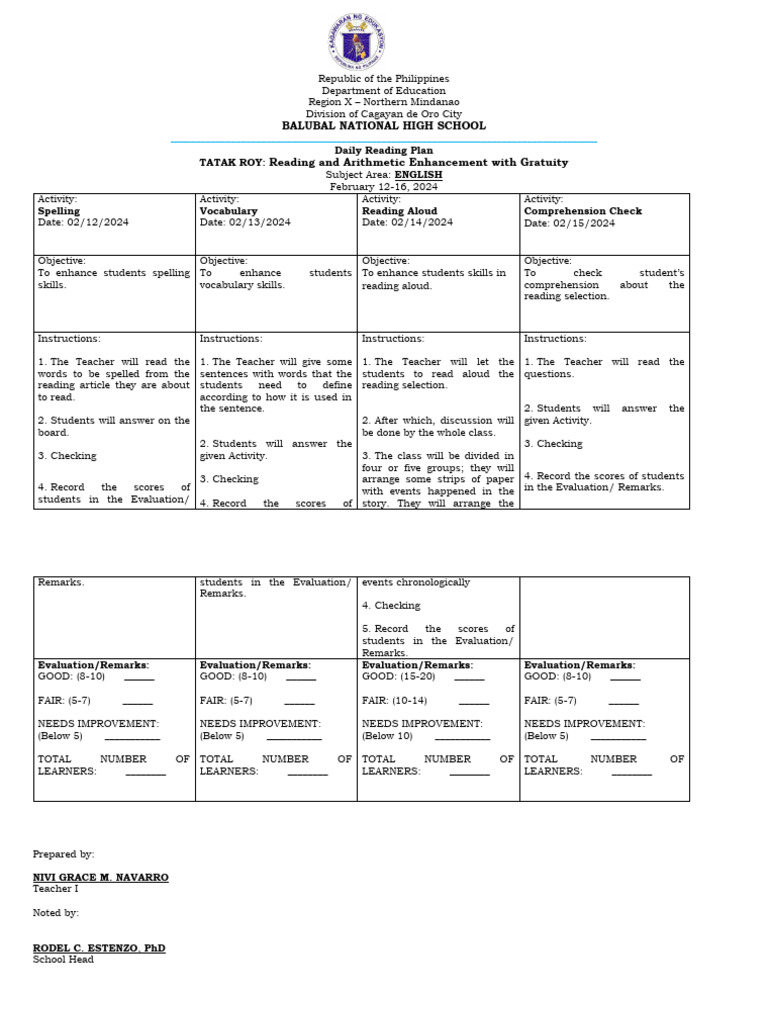 English Reading Plan | PDF | Reading Comprehension | Cognition