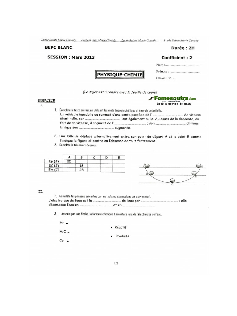 612775f88e027sujet de Physique Chimie Bepc Blanc 2013 Lycee Sai | PDF