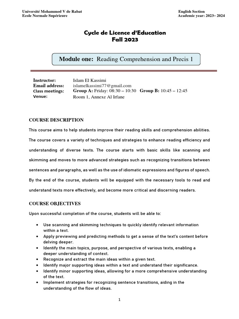 Reading Comprehension Course Description | PDF | Reading Comprehension ...