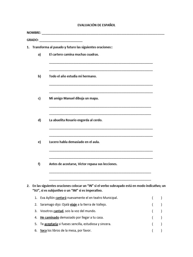 Evaluación de Modos Verbales en Español | PDF | Morfología ...