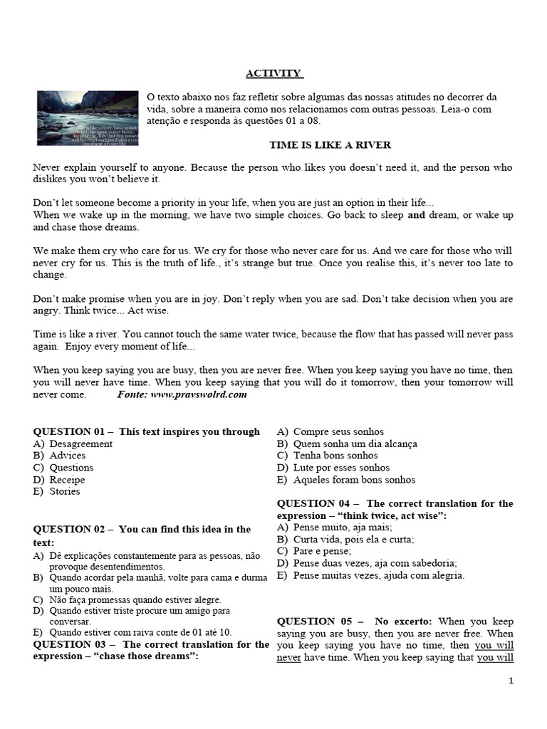 Time Is Like A River - Questões de Múltipla Escolha | PDF | Language ...