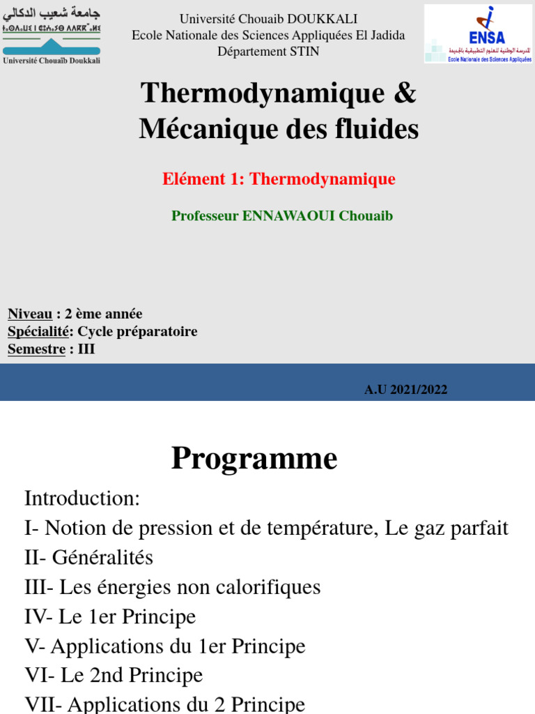 Cours Thermodynamique 2ème Année ENSA | PDF | Thermodynamique | Chaleur