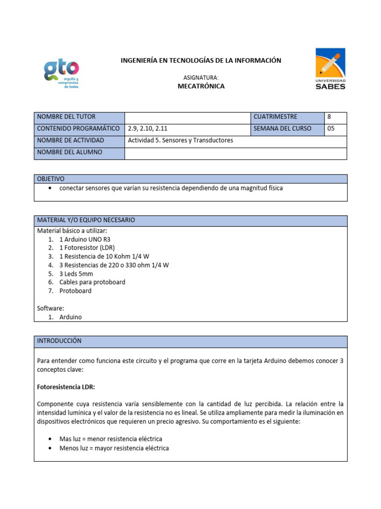 Actividad 5. Sensores y Transductores | PDF | Resistencia Eléctrica y Conductancia | Sensor