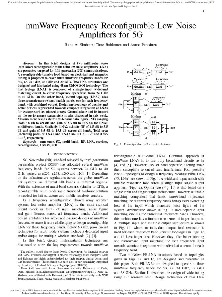 Mmwave Frequency Reconfigurable Low Noise Amplifiers For 5G: Rana A ...