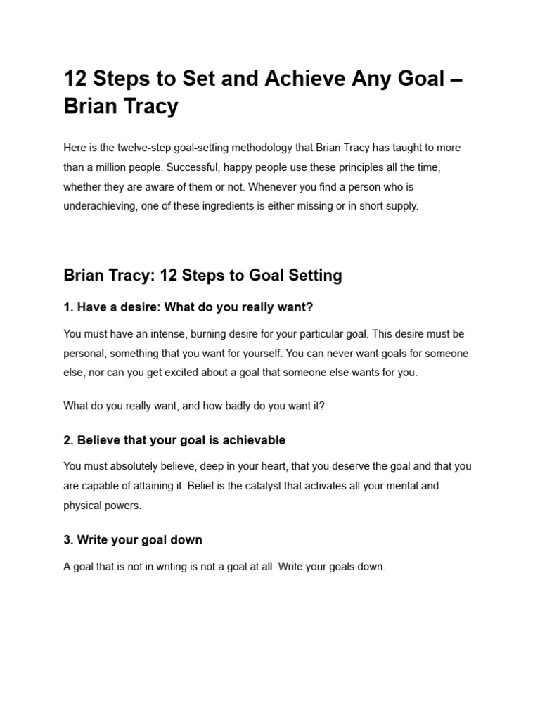 12 Steps To Set and Achieve Any Goal - Brian Tracy | PDF | Goal | Goal ...