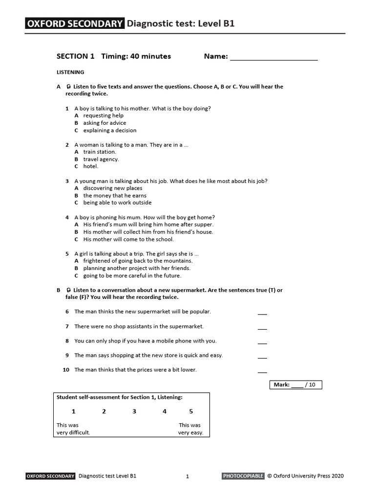 B1 Diagnostic Test | PDF | English Language