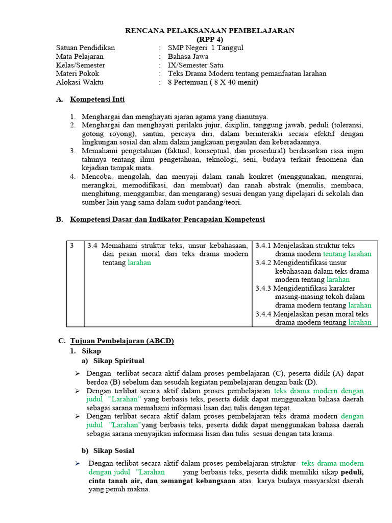 Okk RPP Adiwiyata Jawa Kelas 9 SMT 1 | PDF | Language Arts & Discipline | Foreign Language Studies