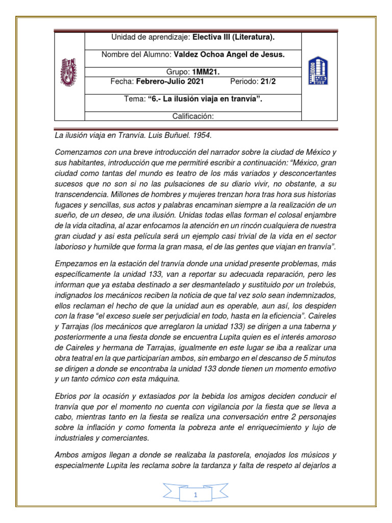 Reporte 6 - Pelicula-La Ilusion Viaja en tranvia-VOAJ-1MM21 | PDF
