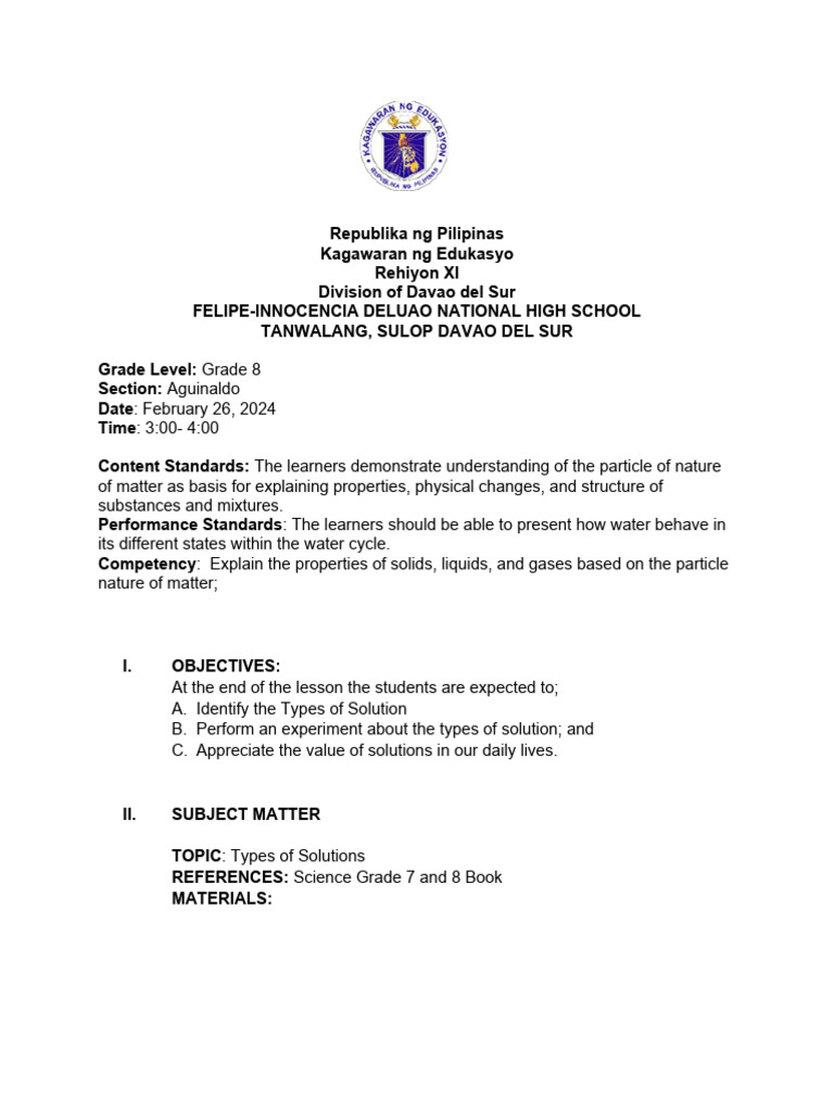 Racuel LP in Grade 8 Types of Solutions | PDF | Solubility | Mixture