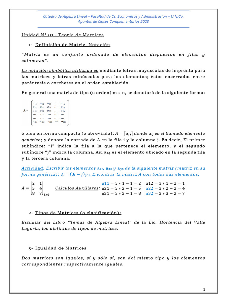 Clase 1-Matrices Apuntes Complementarios | PDF | Matriz (Matemáticas ...