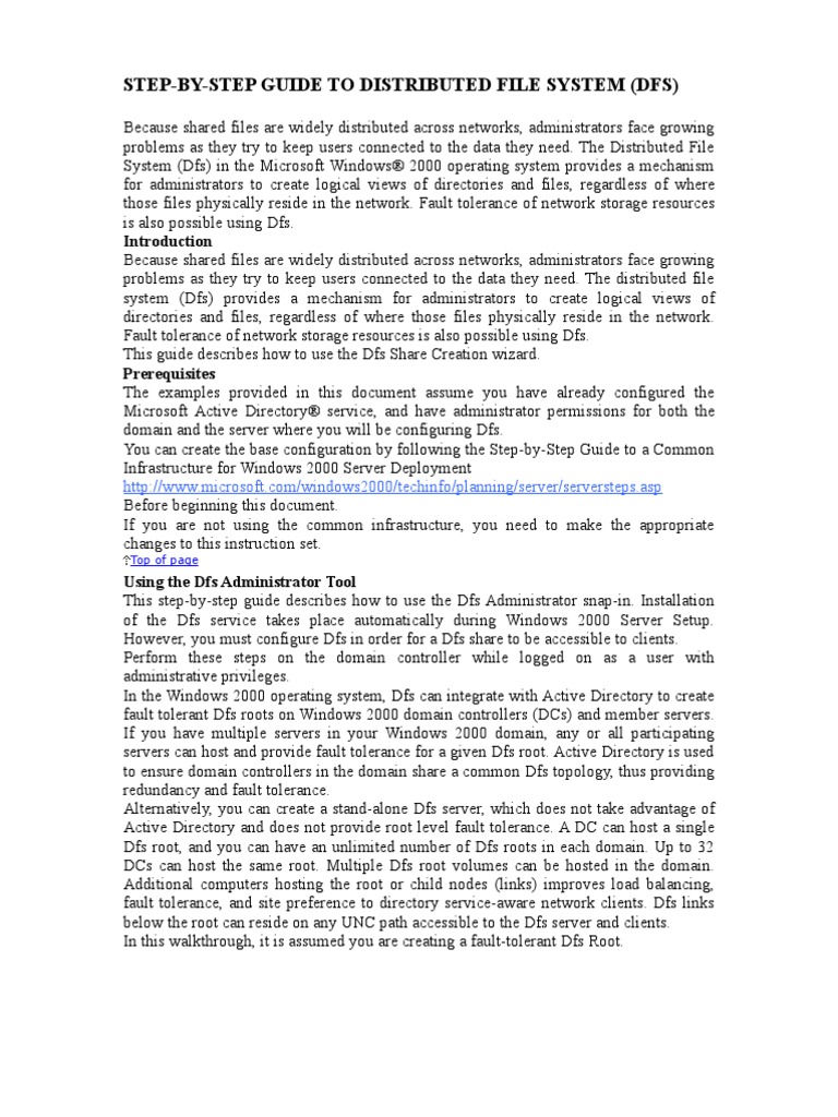 Step By Step Guide To Distributed File System Dfs Top Of Page Pdf Windows 2000 Active