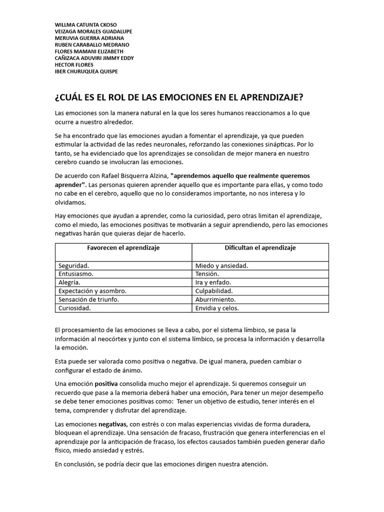 El Rol De Las Emociones En El Aprendizaje Pdf Las Emociones