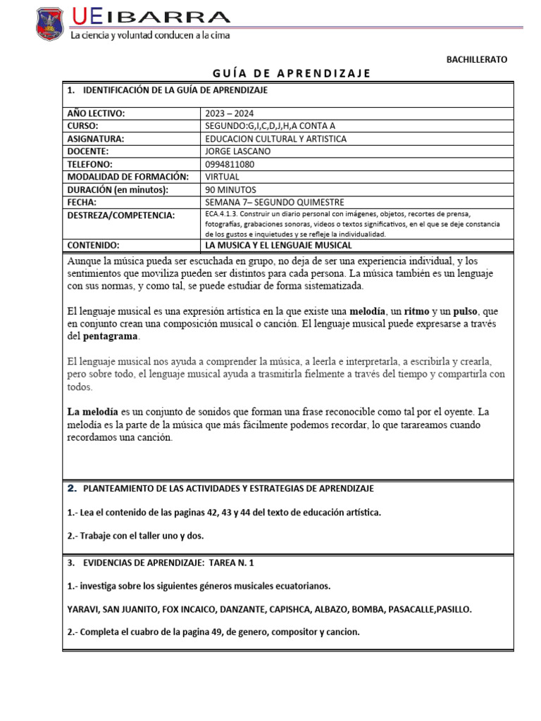 Guia de Trabajo Semana 7 Eca | PDF | Aprendizaje | Canciones