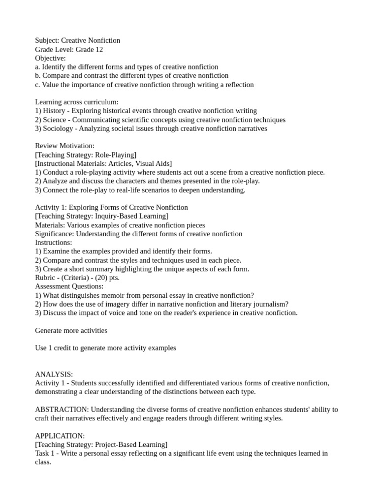 CNF Objectives | PDF | Creative Nonfiction | Narrative