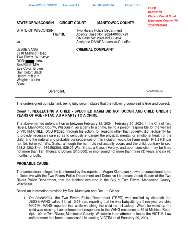 Wisconsin Child Neglect Criminal Complaint | PDF | Consent | Wisconsin ...