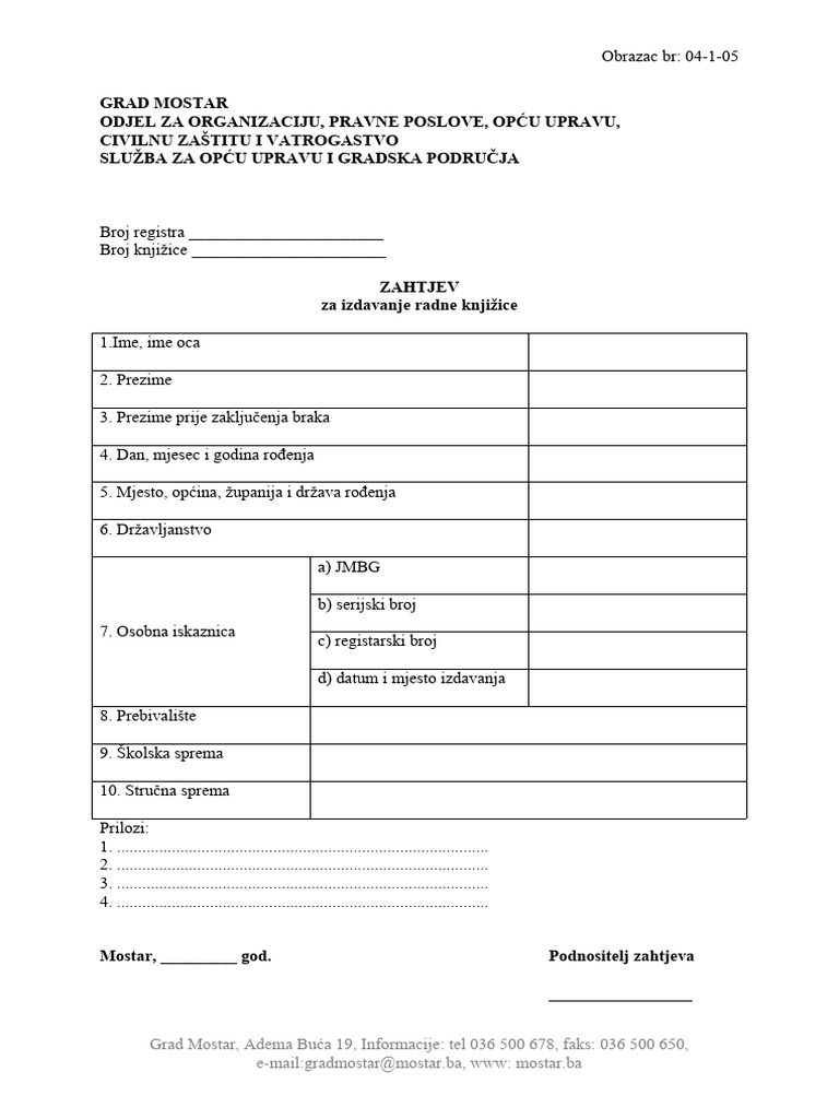 Zahtjev Za Izdavanje Radne Knjižice | PDF