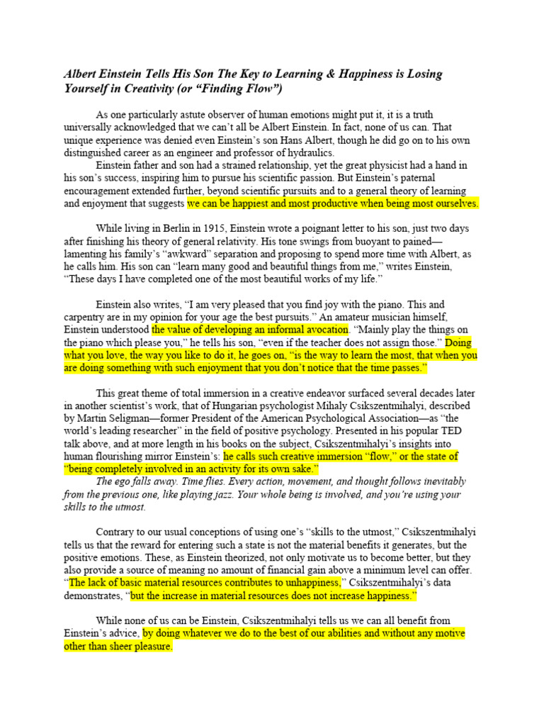 Albert Einstein Tells His Son The Key To Learning | PDF | Psychology ...