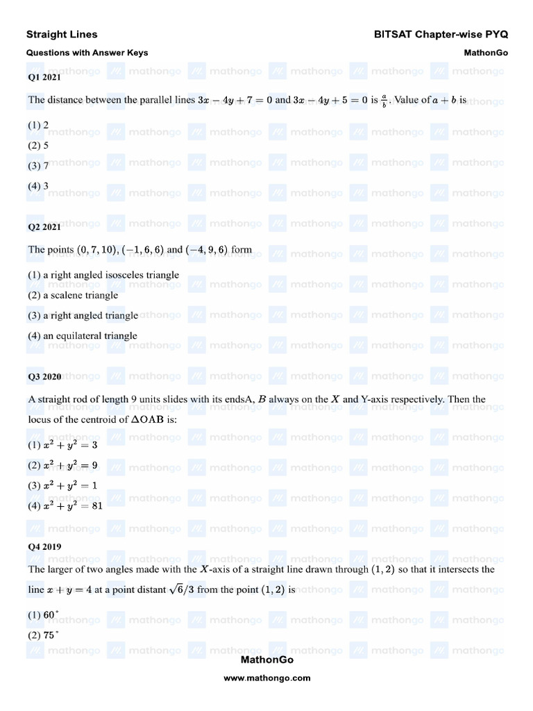 (PDF) BITSAT PYQs - Straight Lines | PDF