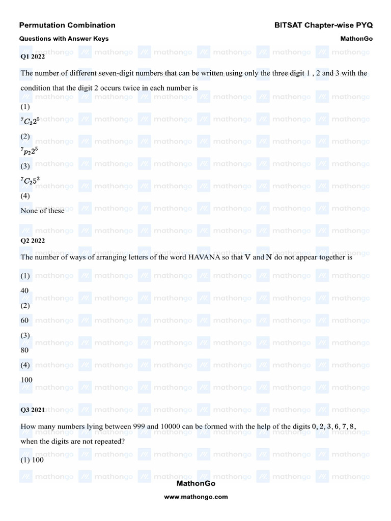 (PDF) BITSAT PYQs - Permutation Combination | PDF