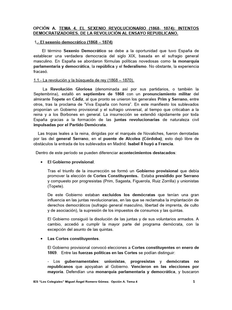 OpciÃ N A Tema 4 El Sexenio Revolucionario (1868-1874) - 230213 - 163232 | PDF | Gobierno | España