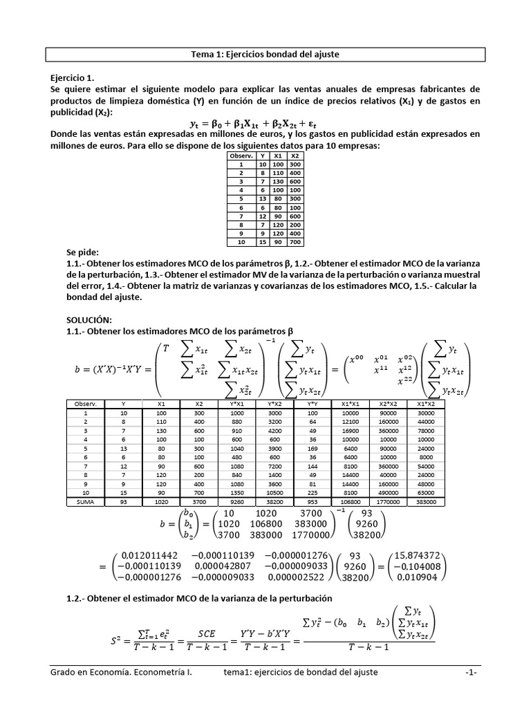Tema 1 Ejercicios Bondad Del Ajuste | PDF | Mínimos cuadrados ...