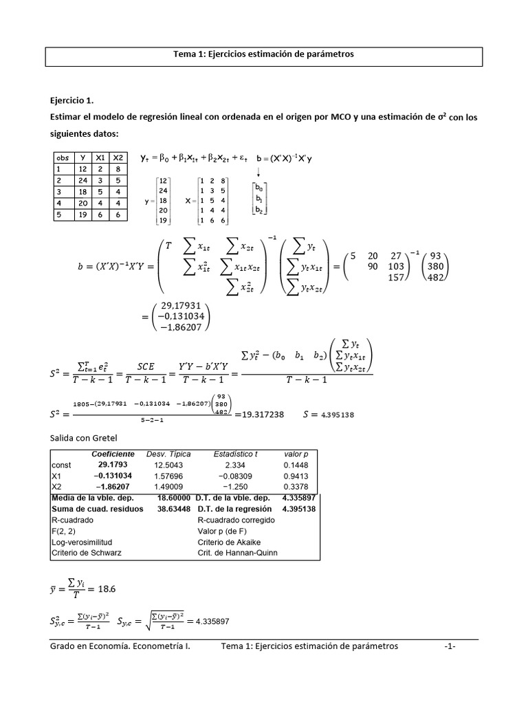 Tema 1 Ejercicios Estimación de Parámteros | PDF | Econometría | Ecuaciones
