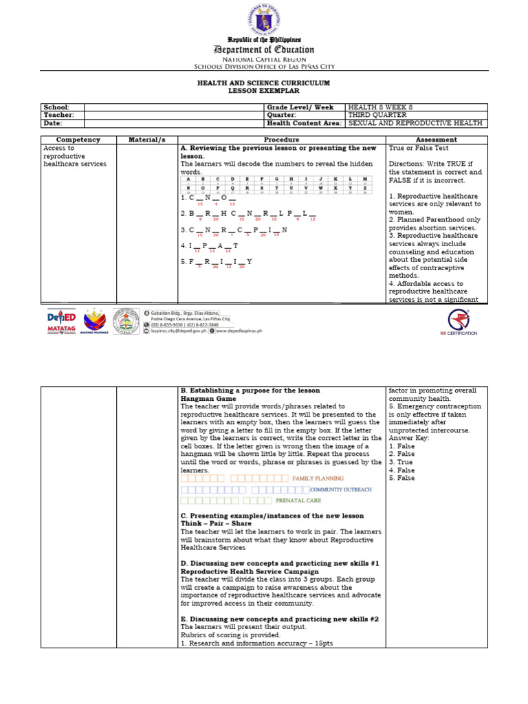 Health 8: Reproductive Health Lesson Plan | PDF | Learning | Birth Control