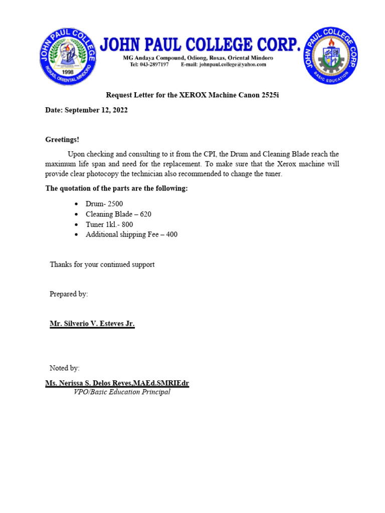 Request Letter For The XEROX Machine Canon 2525i | PDF