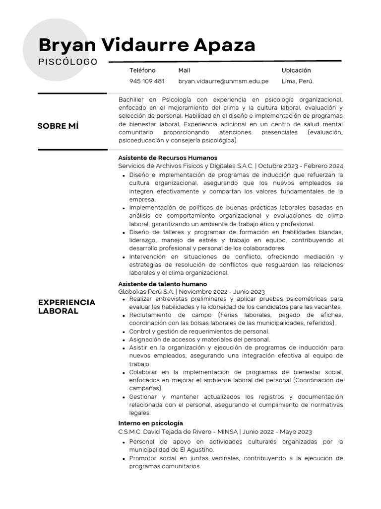 Currículum Vitae Bryan Vidaurre | PDF | Sicología | Psicología industrial y organizacional