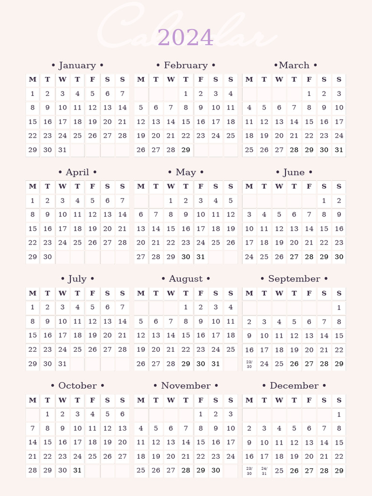 Beige Dark Purple Minimalist Yearly 2024 Calendar | PDF