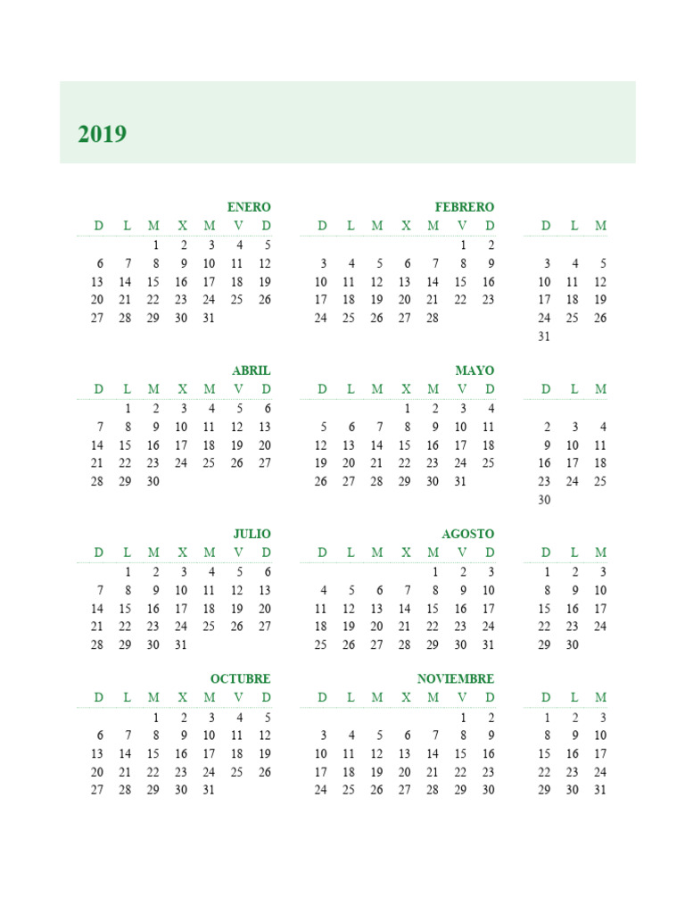 Calendario 2019 Mensual Detallado | PDF