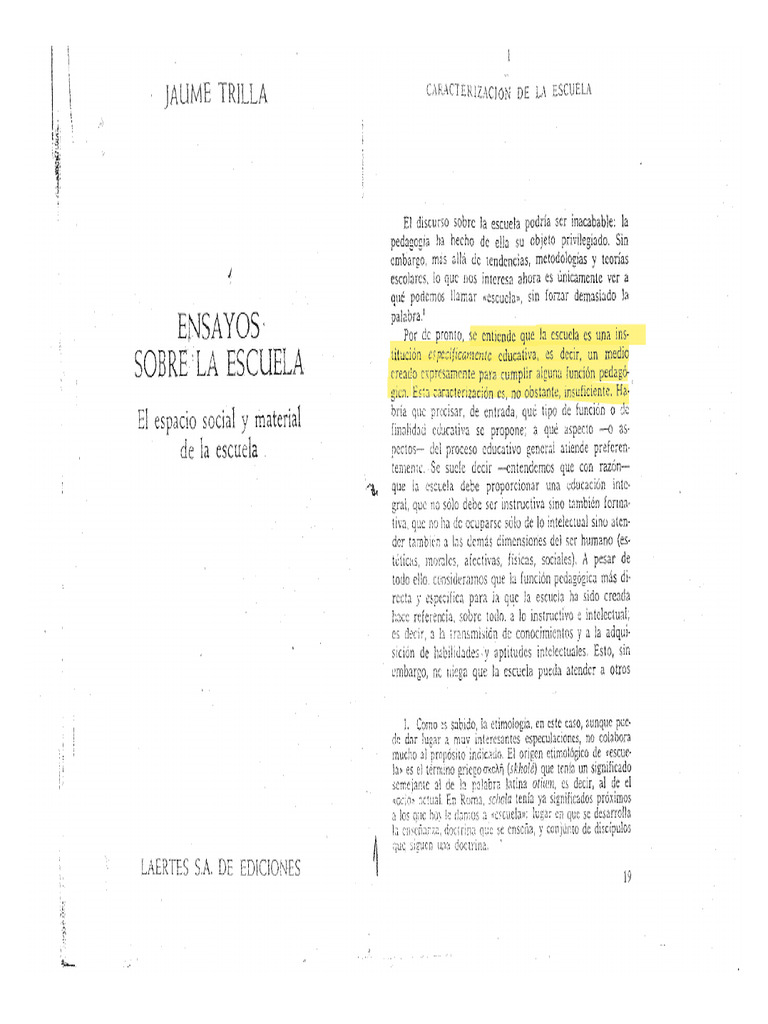 Trilla, J. (Cap 1 y 2) Ensayos Sobre La Escuela. El Espacio Social y Material de La Escuela | PDF