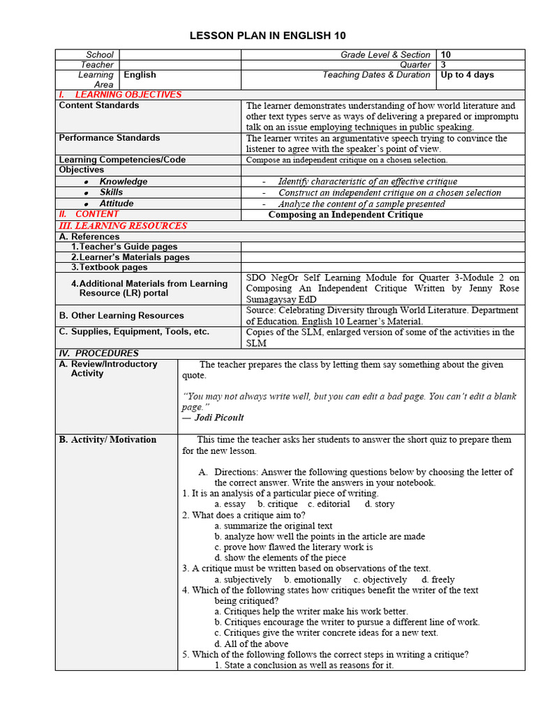 DLP Eng G10 Q3 Melc 3 | PDF | Evaluation | Essays