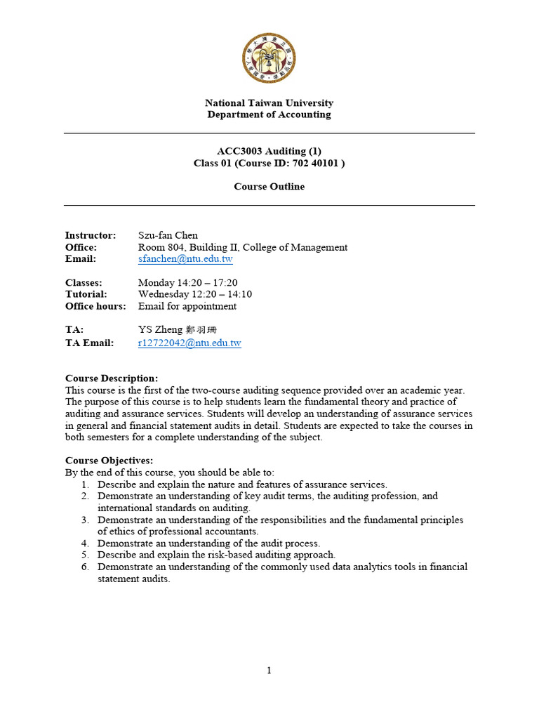 ACC3003 Auditing Course Outline NTU | PDF | Audit | Certified Public Accountant