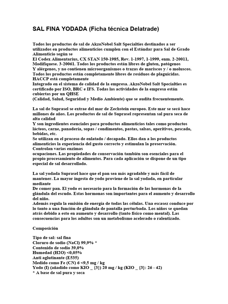 Sal Fina Yodada Suprasel: Calidad y Beneficios | PDF | sal | Alimentos
