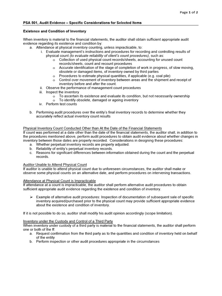 Audit Review - PSA 501 Audit Evidence-Addl Considerations | PDF | Audit | Auditor's Report