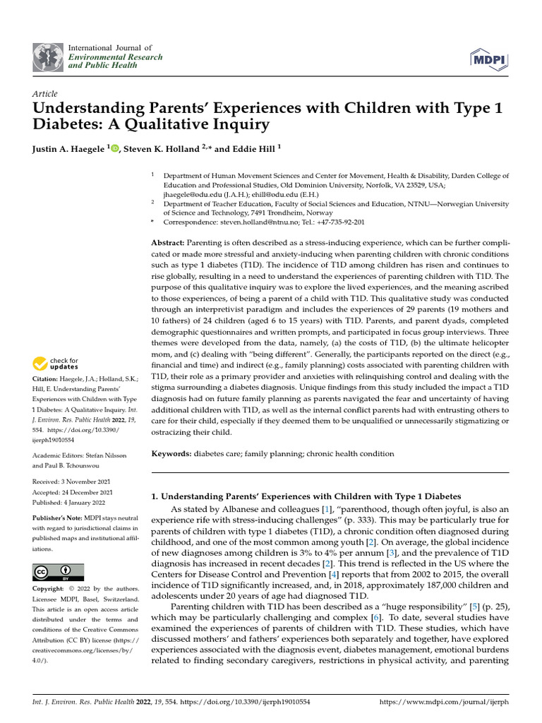 Understanding Parents' Experiences With Children With Type 1 Diabetes ...