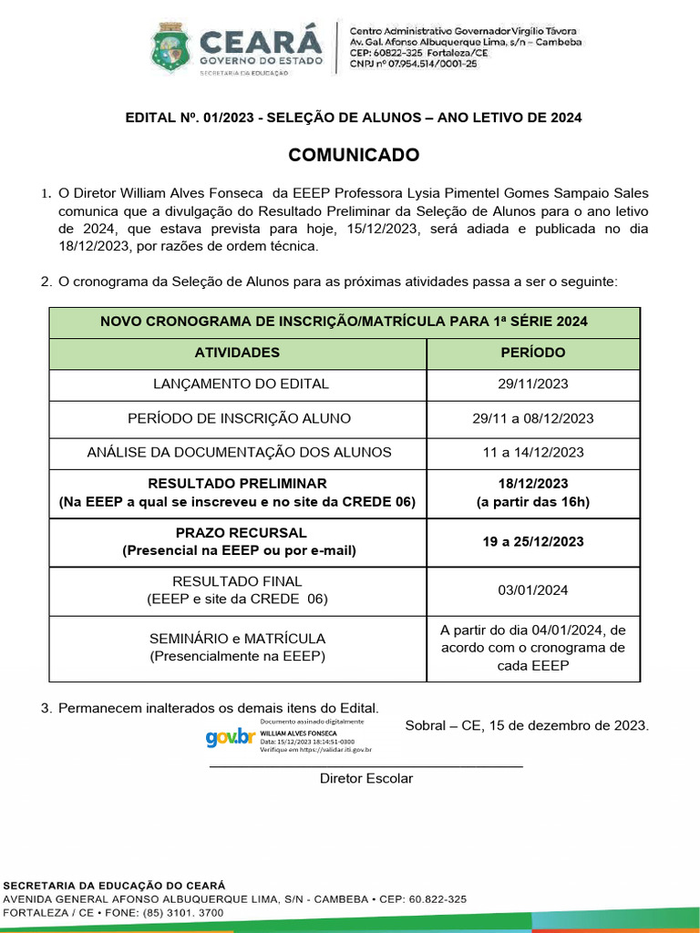 2023 Comunicado Lysia Adiamentoresultado | PDF